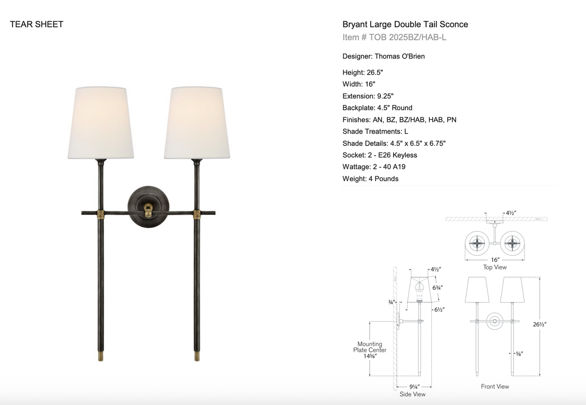 Visual Comfort - Bryant Large Double Tall Sconce, Bronze – Parish By ...